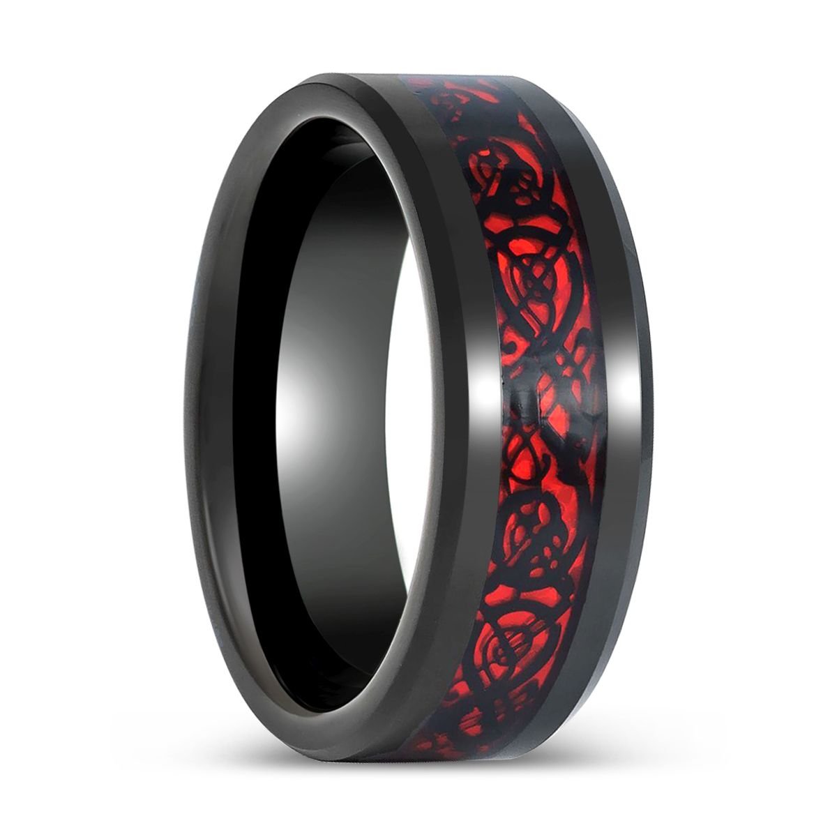 FIREFORGE - Black Tungsten Ring, Red Celtic Dragon Inlay, Beveled ...