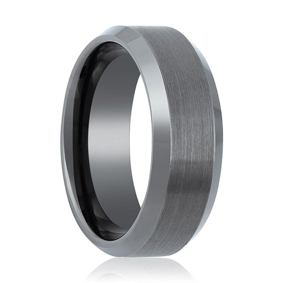 AXINGTON | Gun Metal Tungsten Ring, Brushed, Beveled Edge – Aydins Jewelry